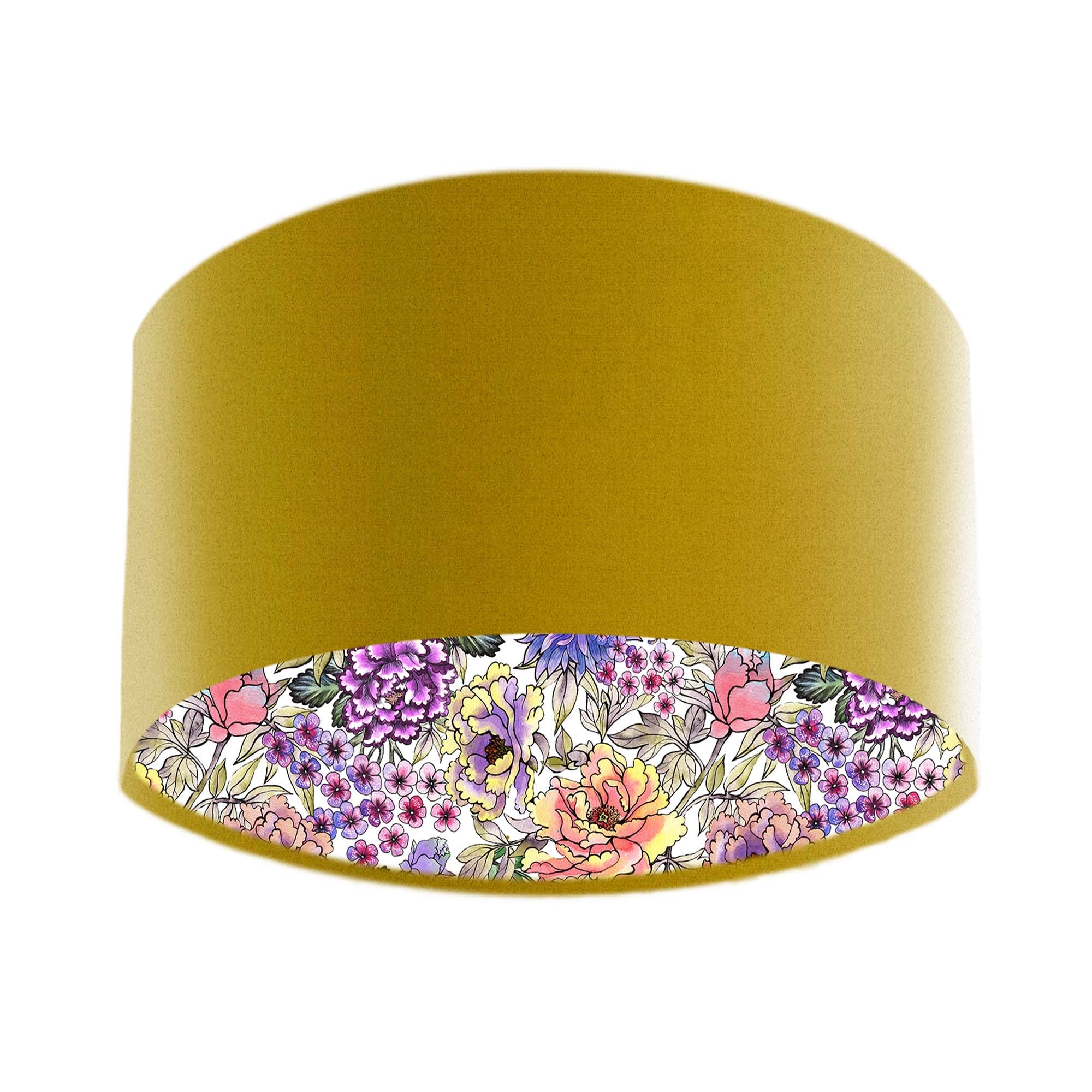 Mustard yellow velvet lampshade with wildflowers lining