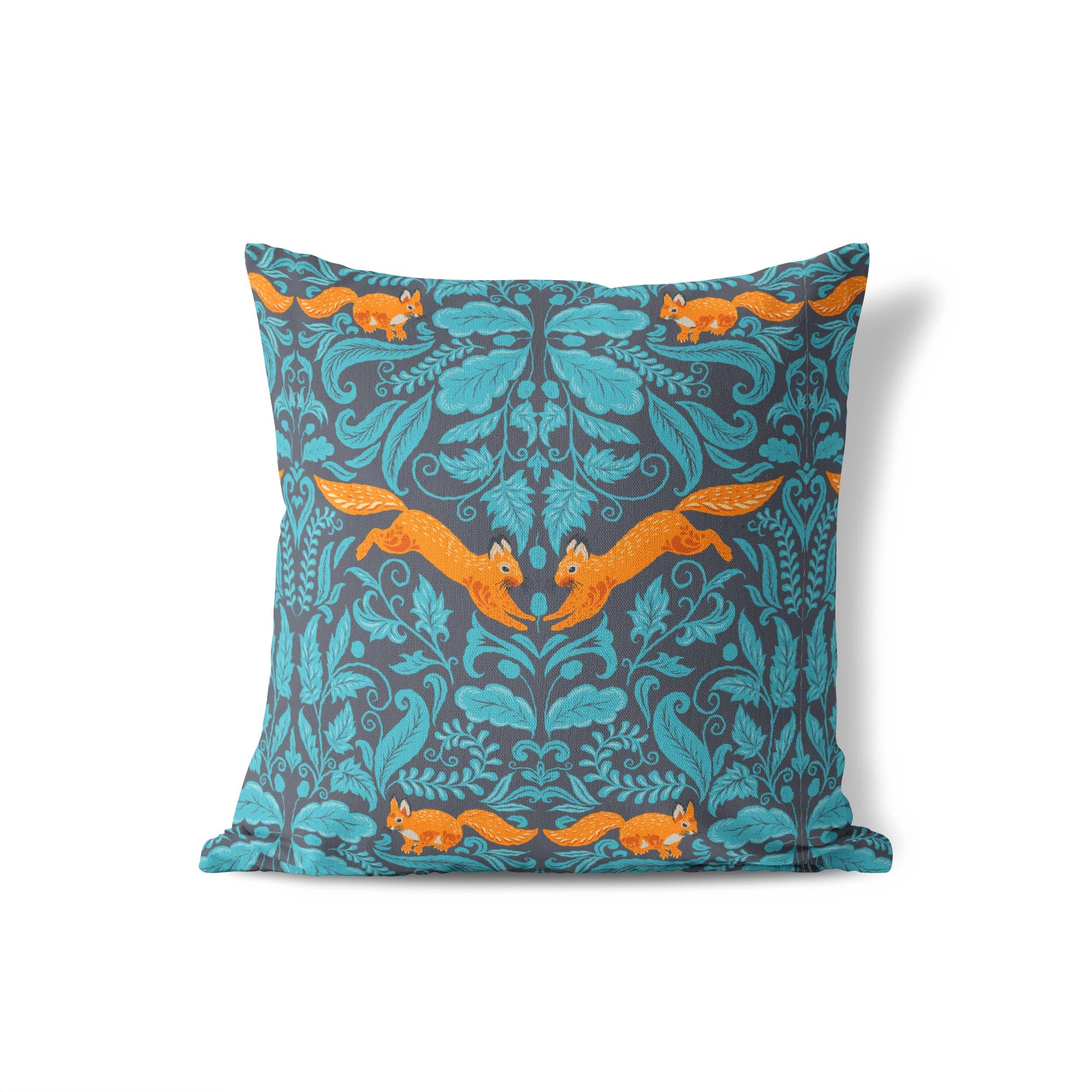 Squirrel Woodland Cushion in Teal Animal Print Design